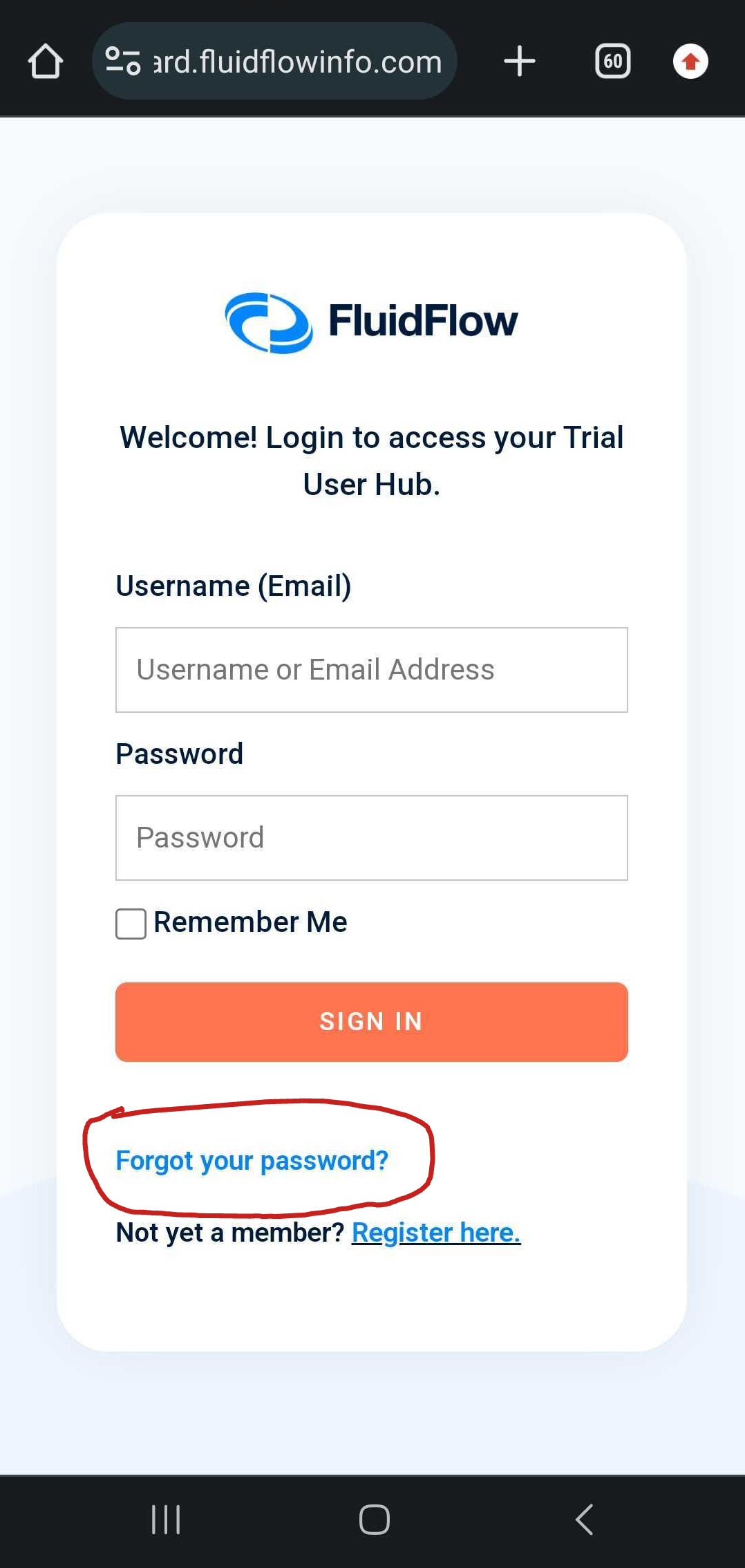 Registered for the FluidFlow trial but need to reset/forgotten my password